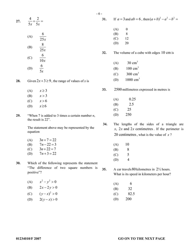 CXC MATHEMATICS MULTIPLE CHOICE | PDF