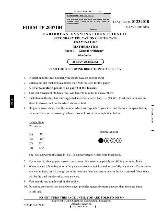 CXC MATHEMATICS MULTIPLE CHOICE | PDF