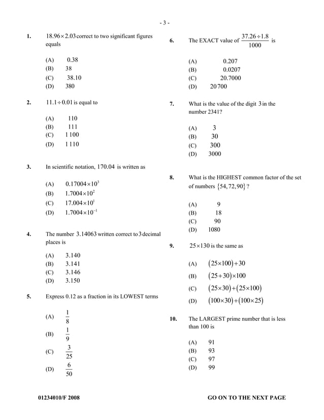 CXC MATHEMATICS MULTIPLE CHOICE | PDF
