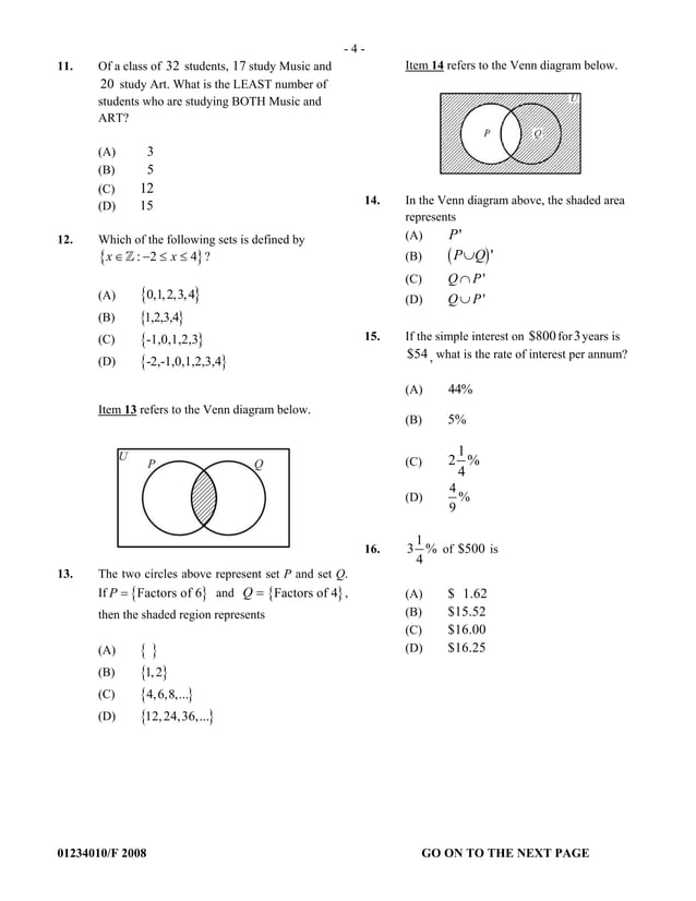 CXC MATHEMATICS MULTIPLE CHOICE | PDF