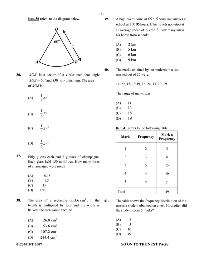 CXC MATHEMATICS MULTIPLE CHOICE