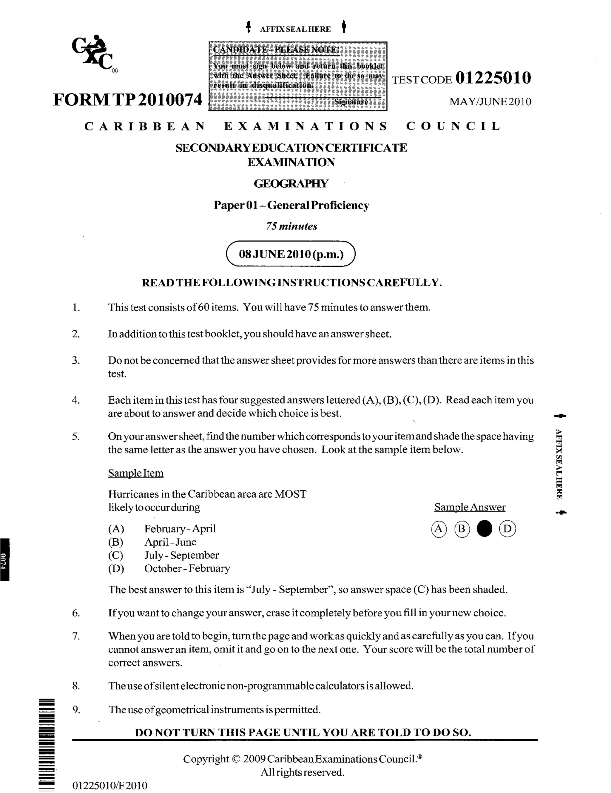 CSEC GEOGRAPHY multiple choice past paper 2010 | PDF