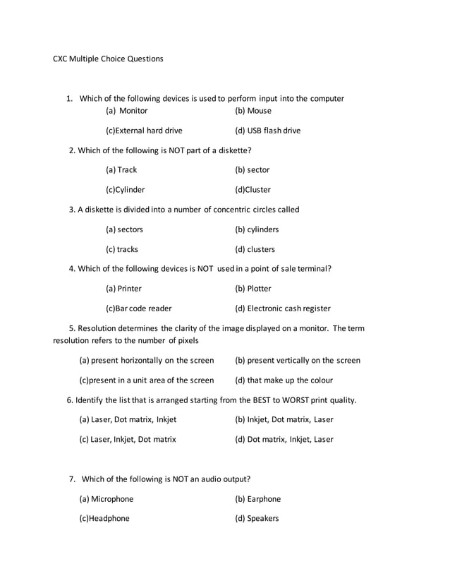 CXC CSEC Information Technology Multiple Choice Questions | DOCX