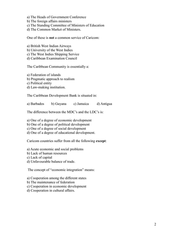 Cxc past papers for social studies with multiple choice questions | DOCX
