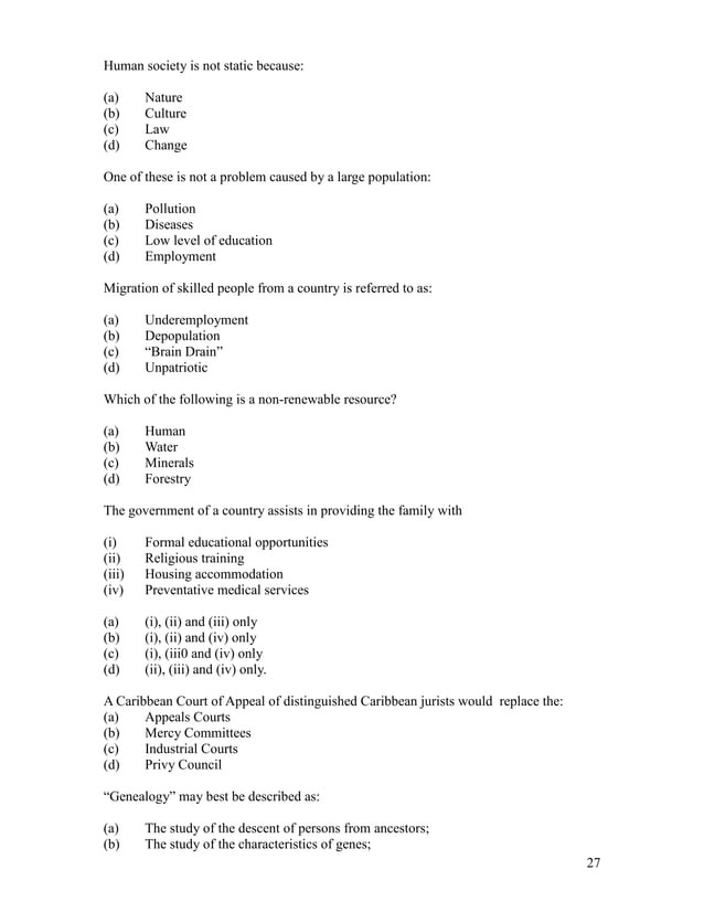 Cxc past papers for social studies with multiple choice questions | DOCX