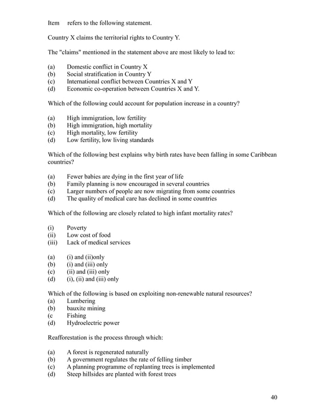 Cxc past papers for social studies with multiple choice questions | DOCX