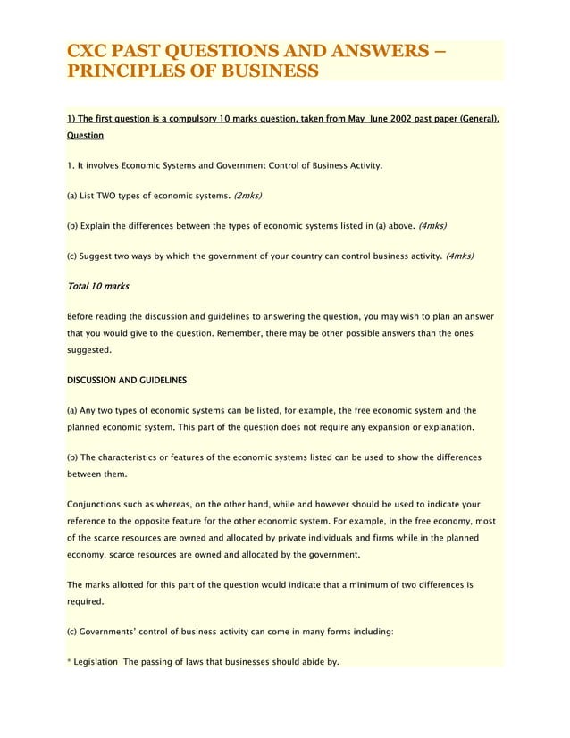 Cxc past questions and answers – principles of business | PDF ...