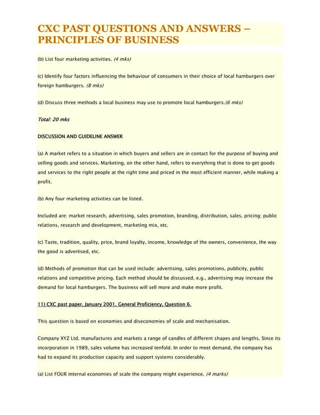 Cxc past questions and answers – principles of business | PDF ...