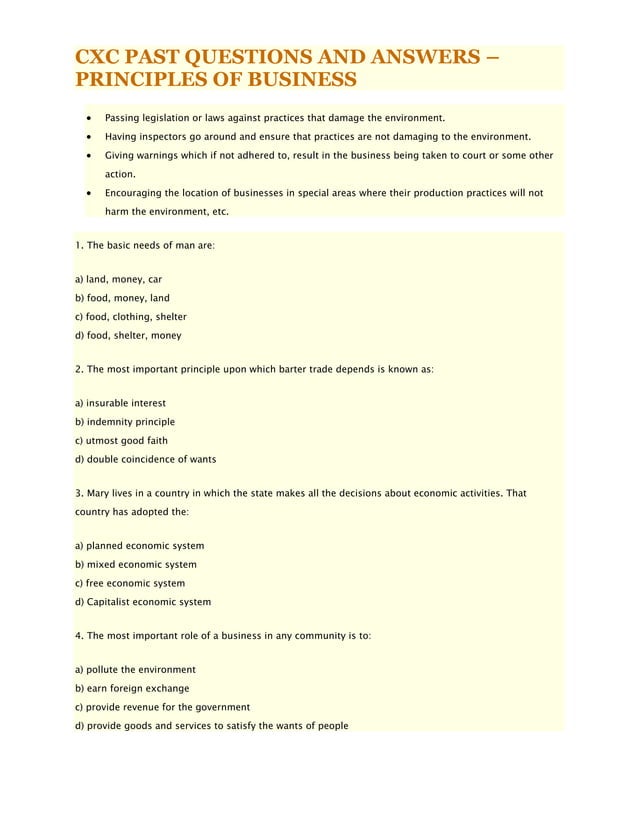 Cxc past questions and answers – principles of business | PDF ...