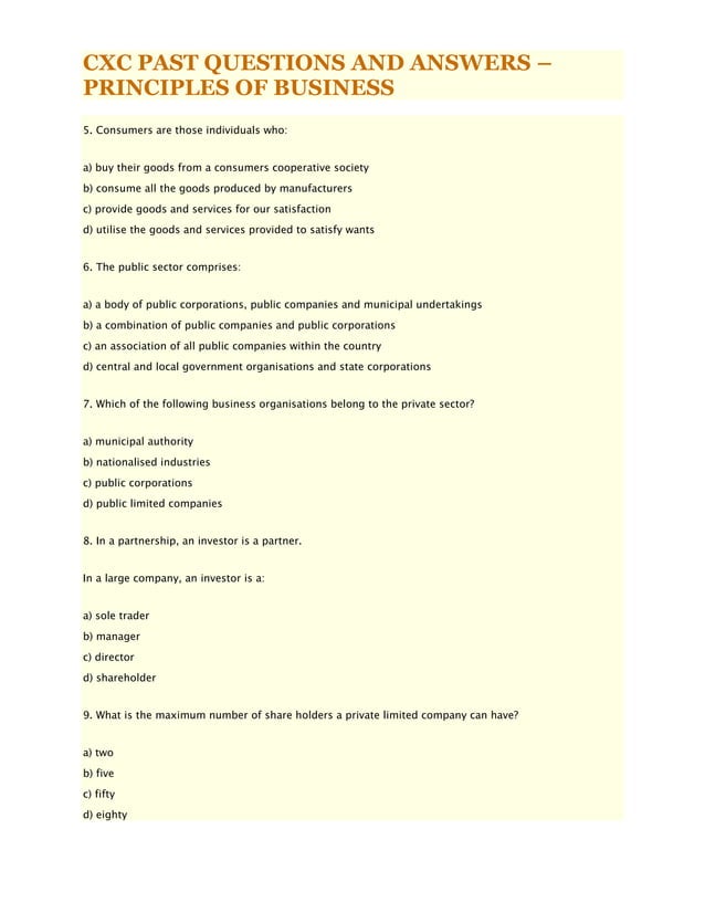 Cxc past questions and answers – principles of business | PDF ...