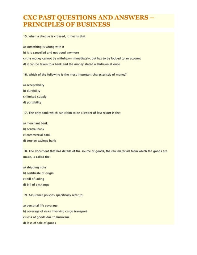 Cxc past questions and answers – principles of business | PDF ...