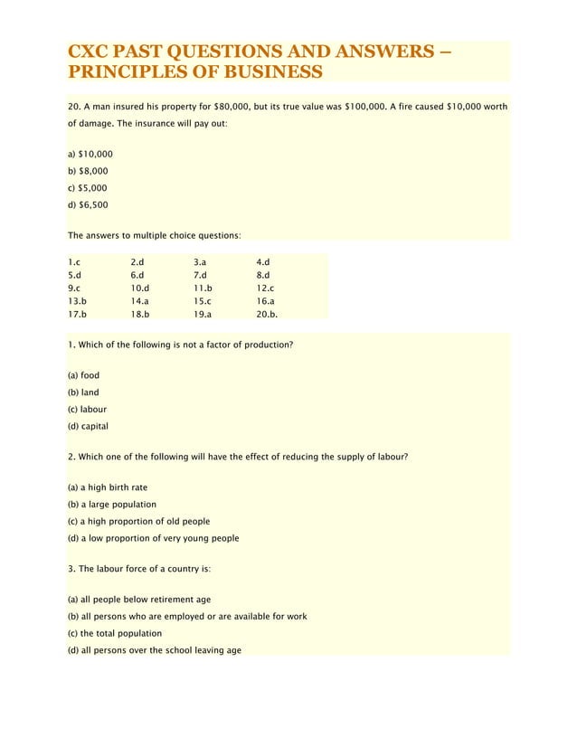 Cxc past questions and answers – principles of business | PDF ...