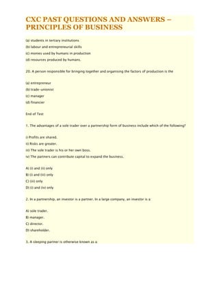 Cxc past questions and answers – principles of business | PDF