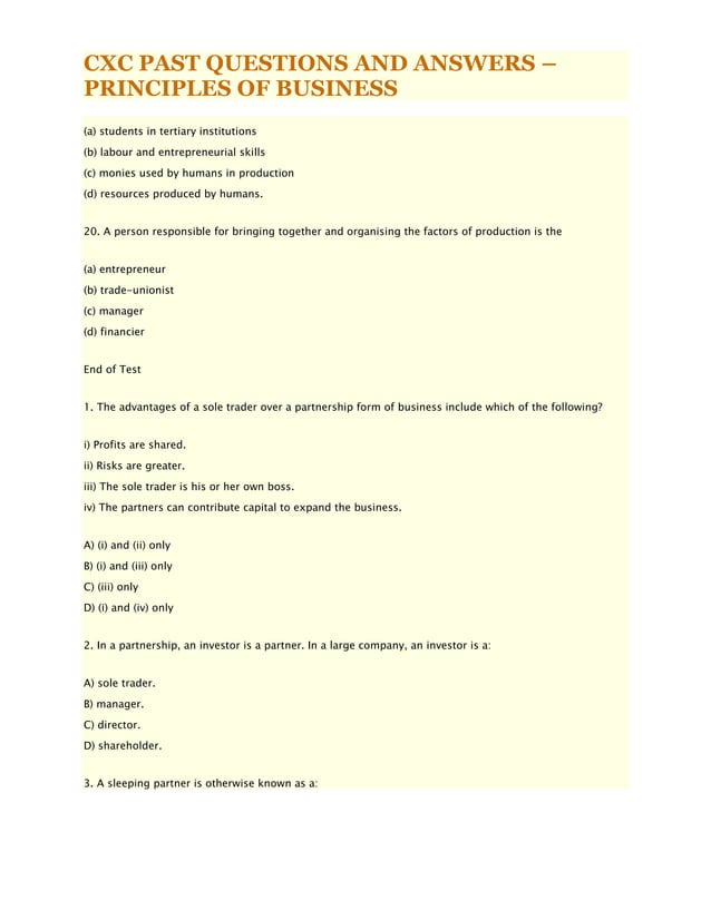 Cxc past questions and answers – principles of business | PDF ...