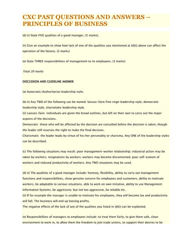 Cxc past questions and answers – principles of business | PDF ...
