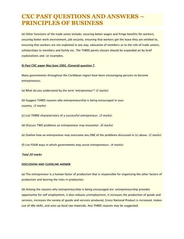 Cxc past questions and answers – principles of business | PDF ...