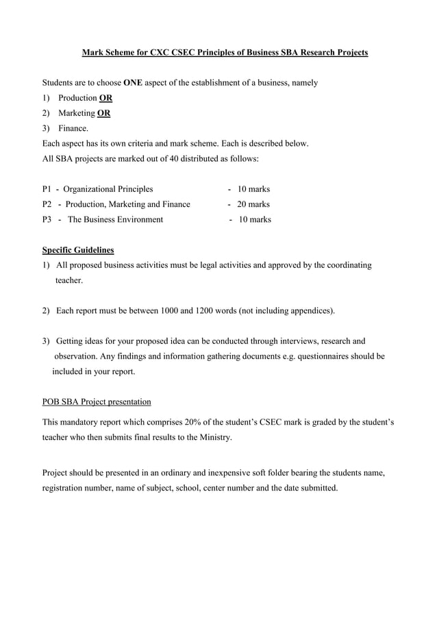 Cxc pob sba template with mark scheme | PDF | Business Administration ...