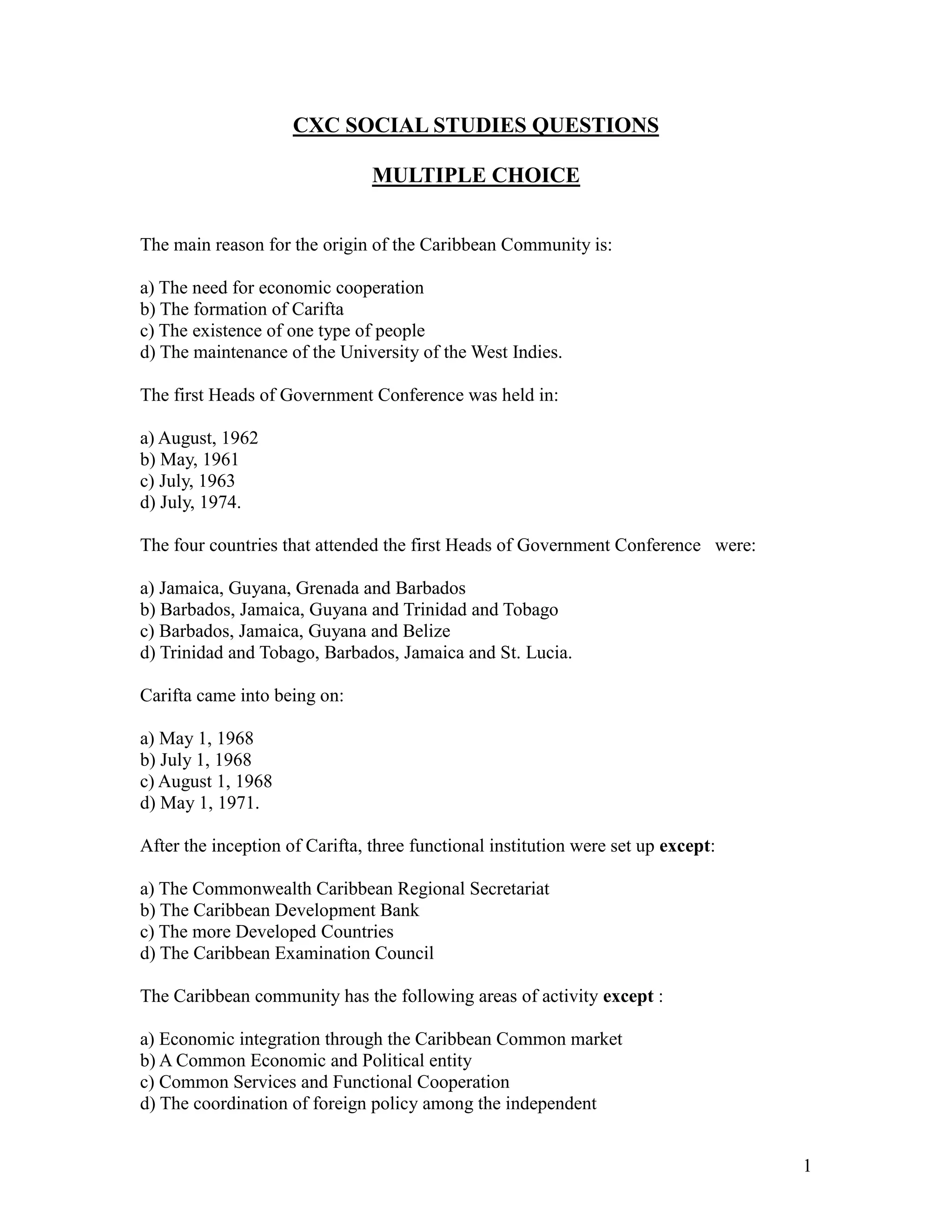 Cxc Social Studies Multiple Choice Questions | DOCX