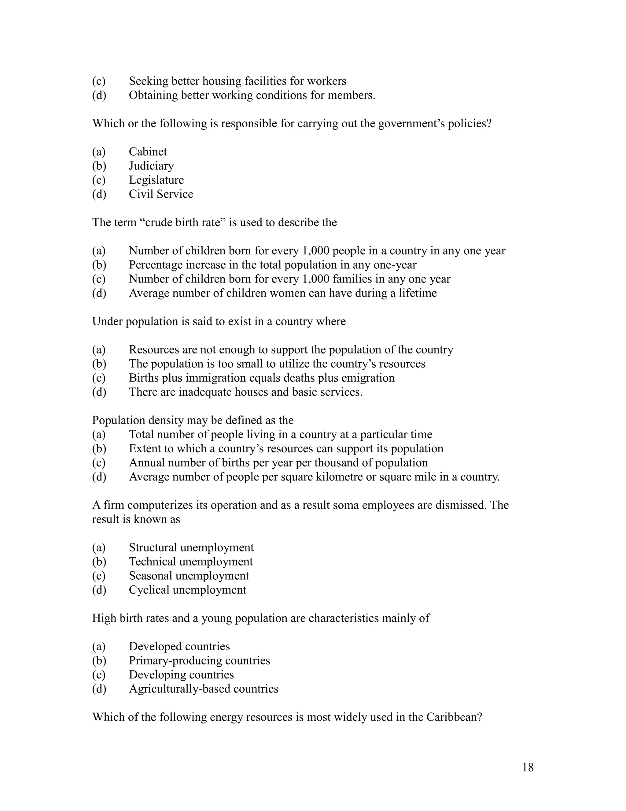 Cxc Social Studies Multiple Choice Questions | DOCX