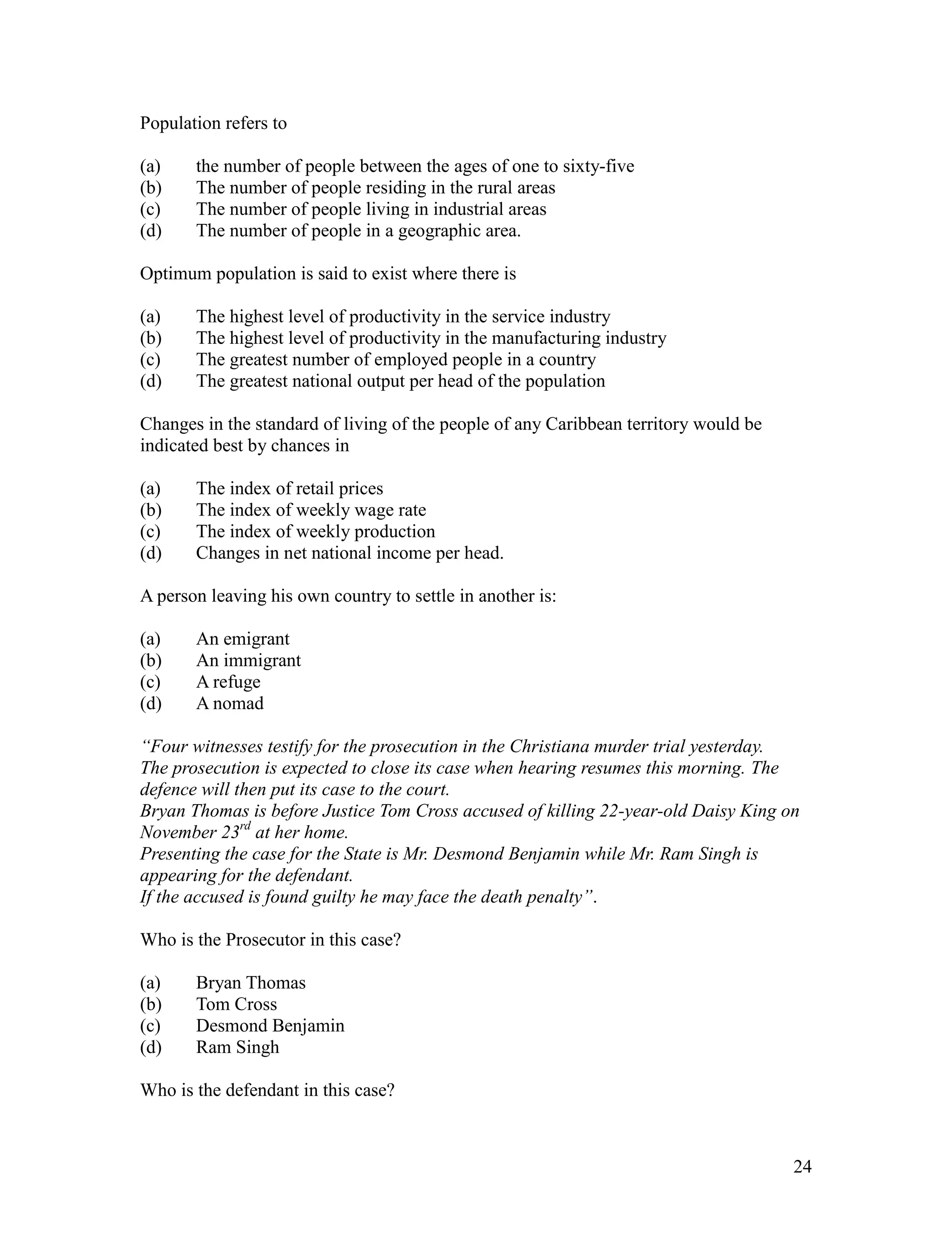 Cxc Social Studies Multiple Choice Questions | DOCX