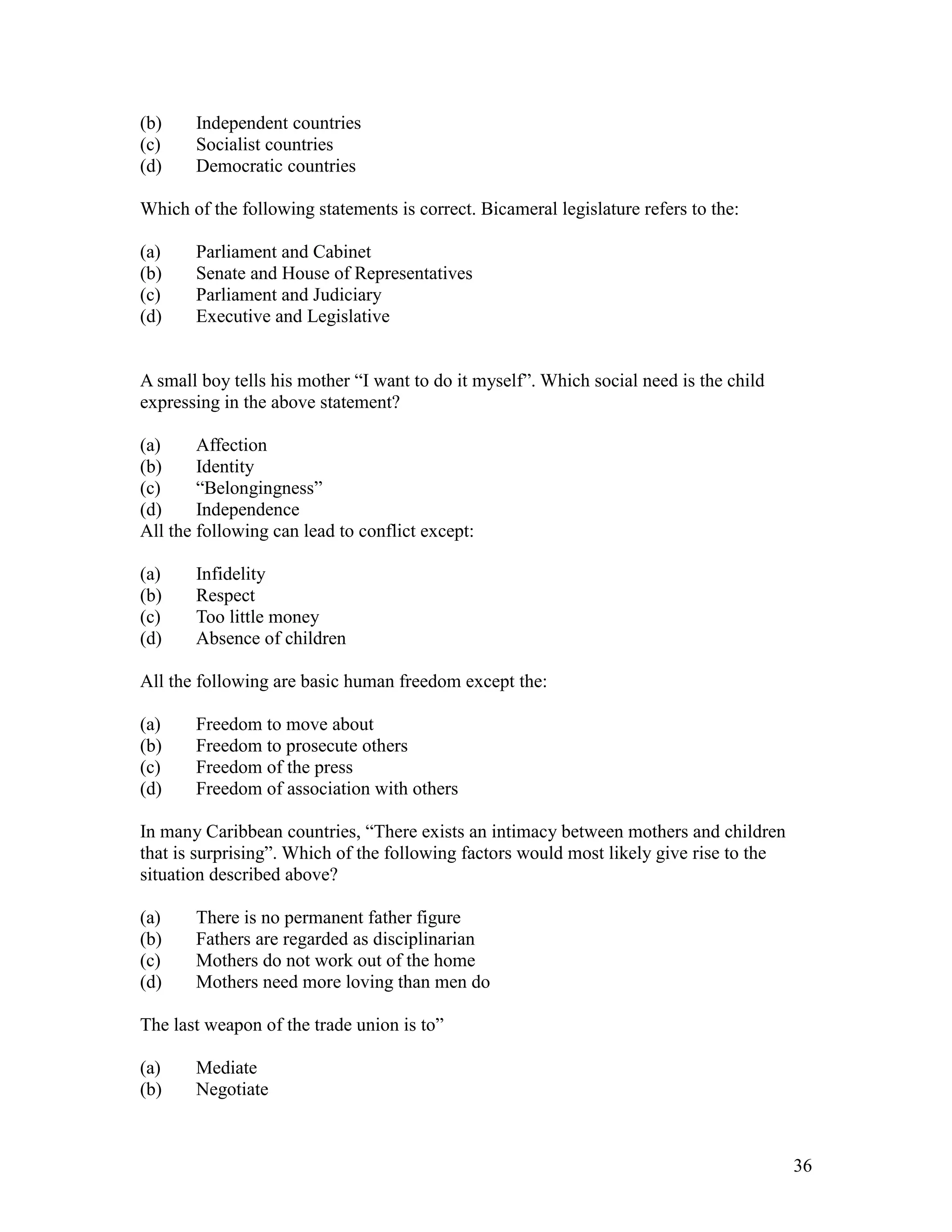 Cxc Social Studies Multiple Choice Questions | DOCX