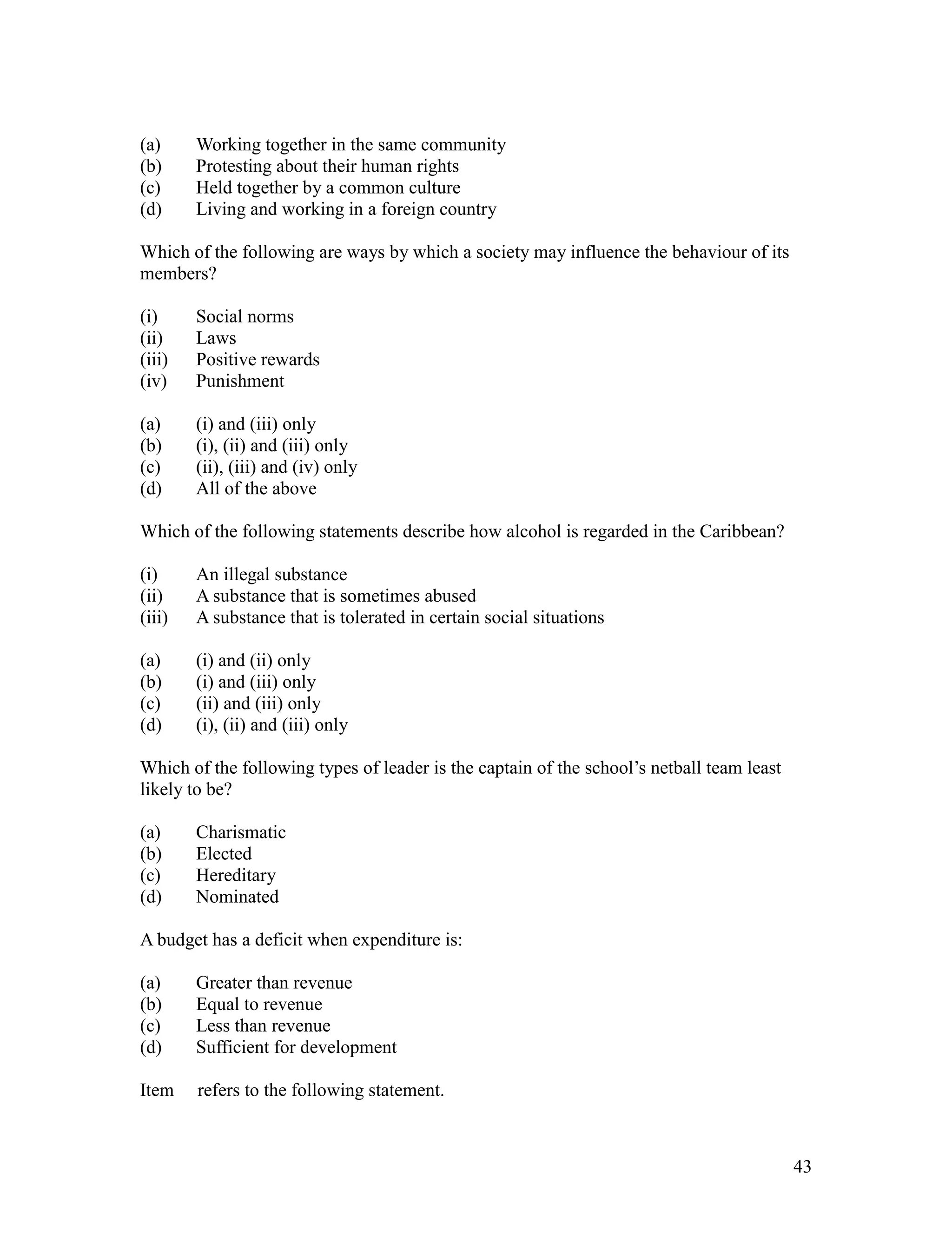 Cxc Social Studies Multiple Choice Questions | DOCX