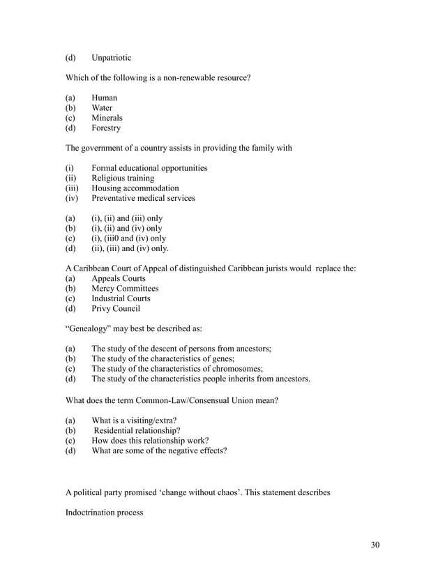Cxc Social Studies Multiple Choice Questions | DOCX | Marriage and ...