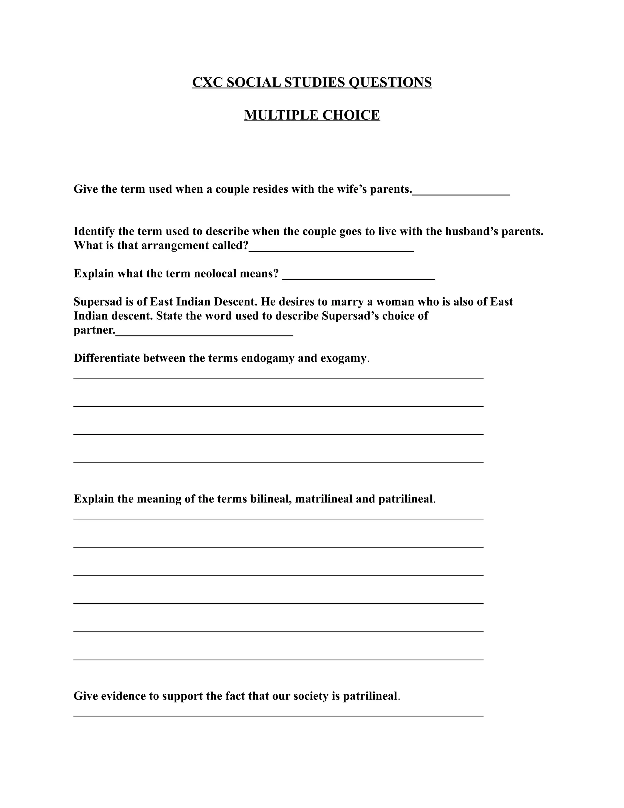 Cxc social studies questions1 | DOC