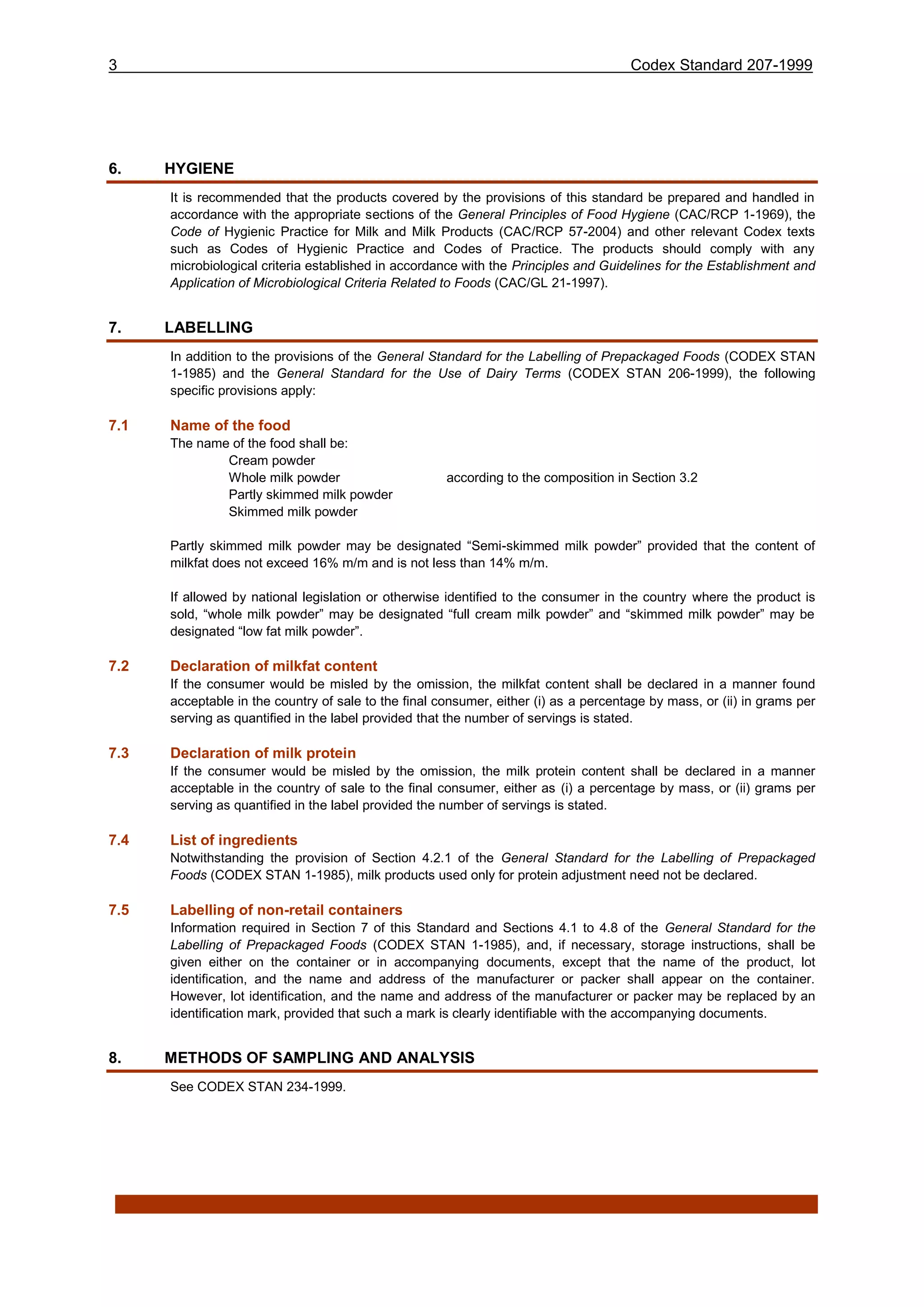 Cxs 207e (1) codex standard for dry milk | PDF