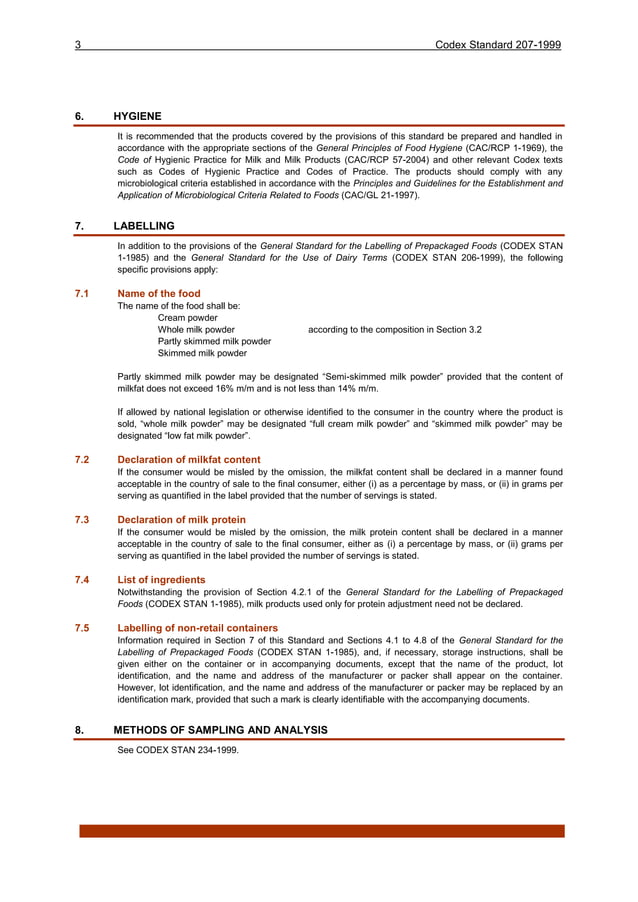 Cxs 207e (1) codex standard for dry milk | PDF