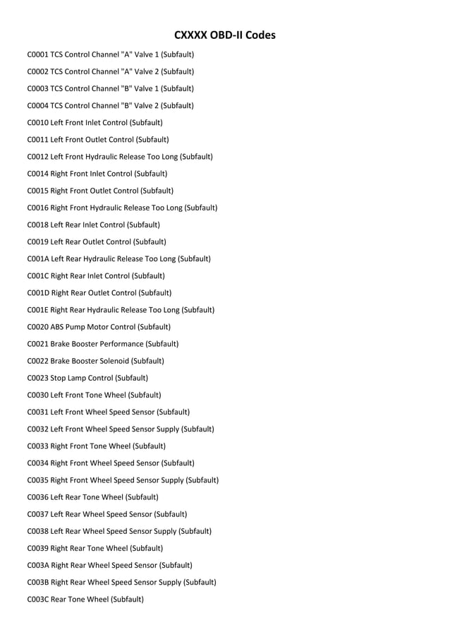 Full OBD2 Chassis Trouble Code List (CXXXX) | PDF