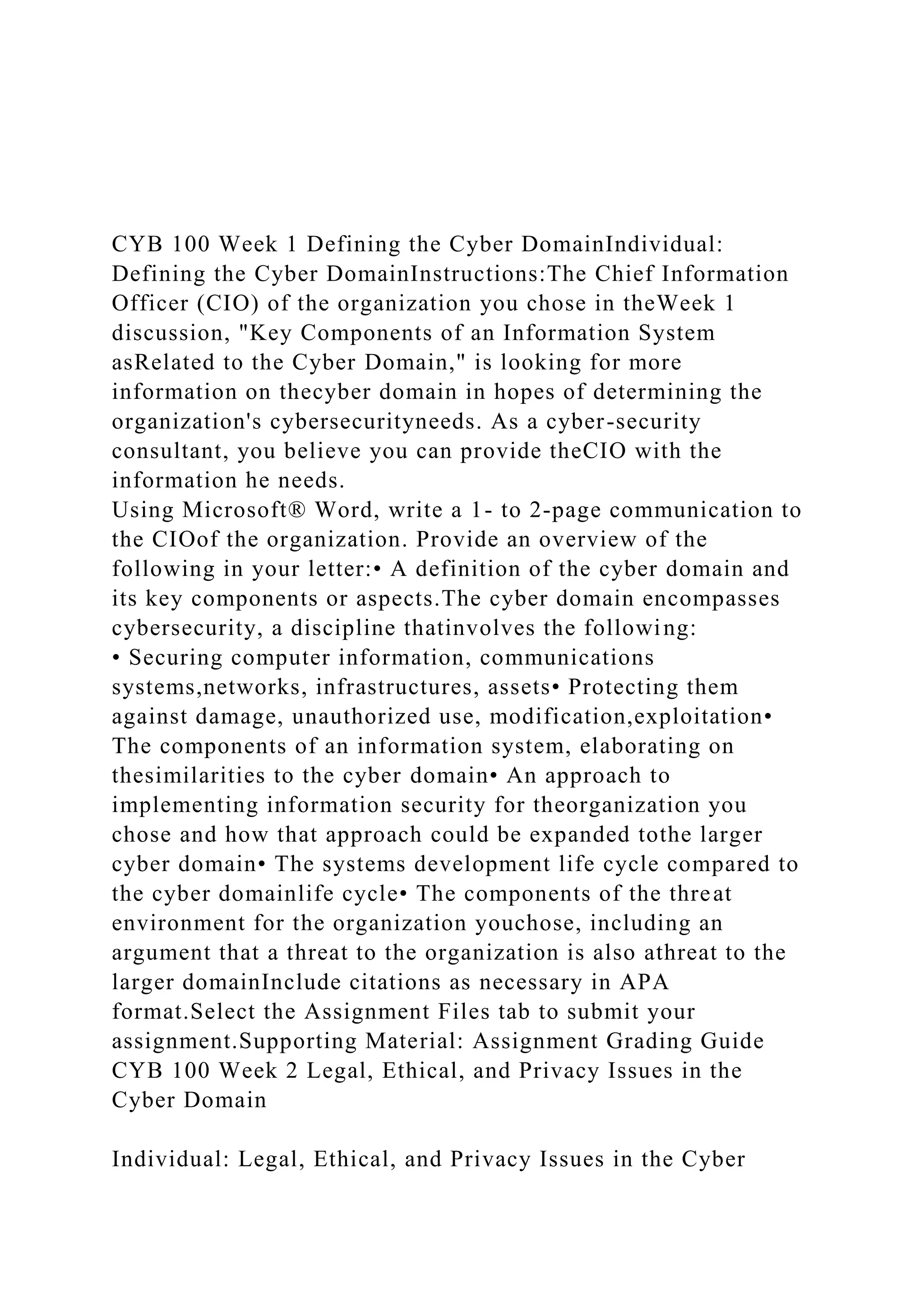 CYB 100 Week 1 Defining the Cyber DomainIndividual Defining t.docx
