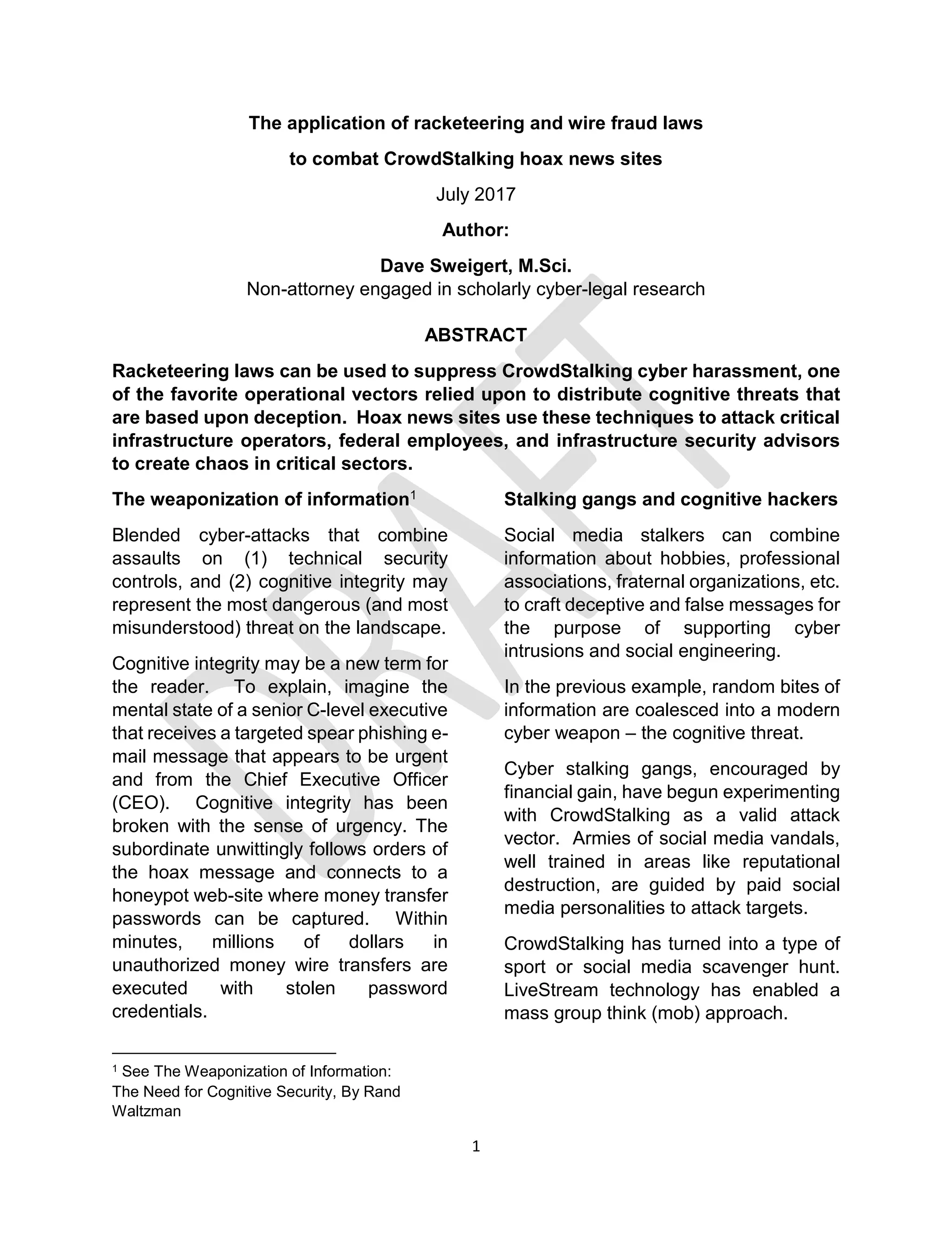 Application of Racketeering Law to Suppress CrowdStalking Threats | PDF