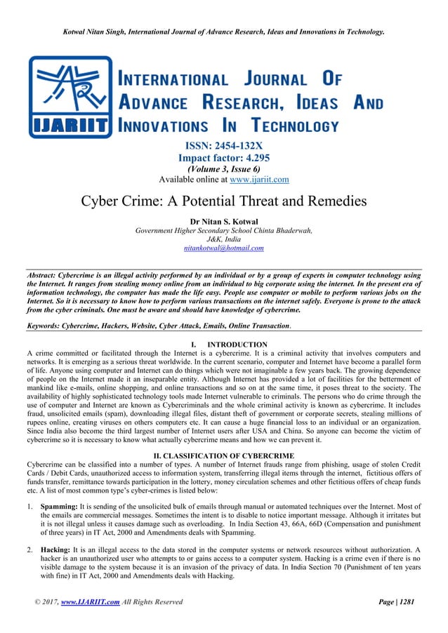 Cyber crime a potential threat and remedies | PDF | Crime & Harmful ...