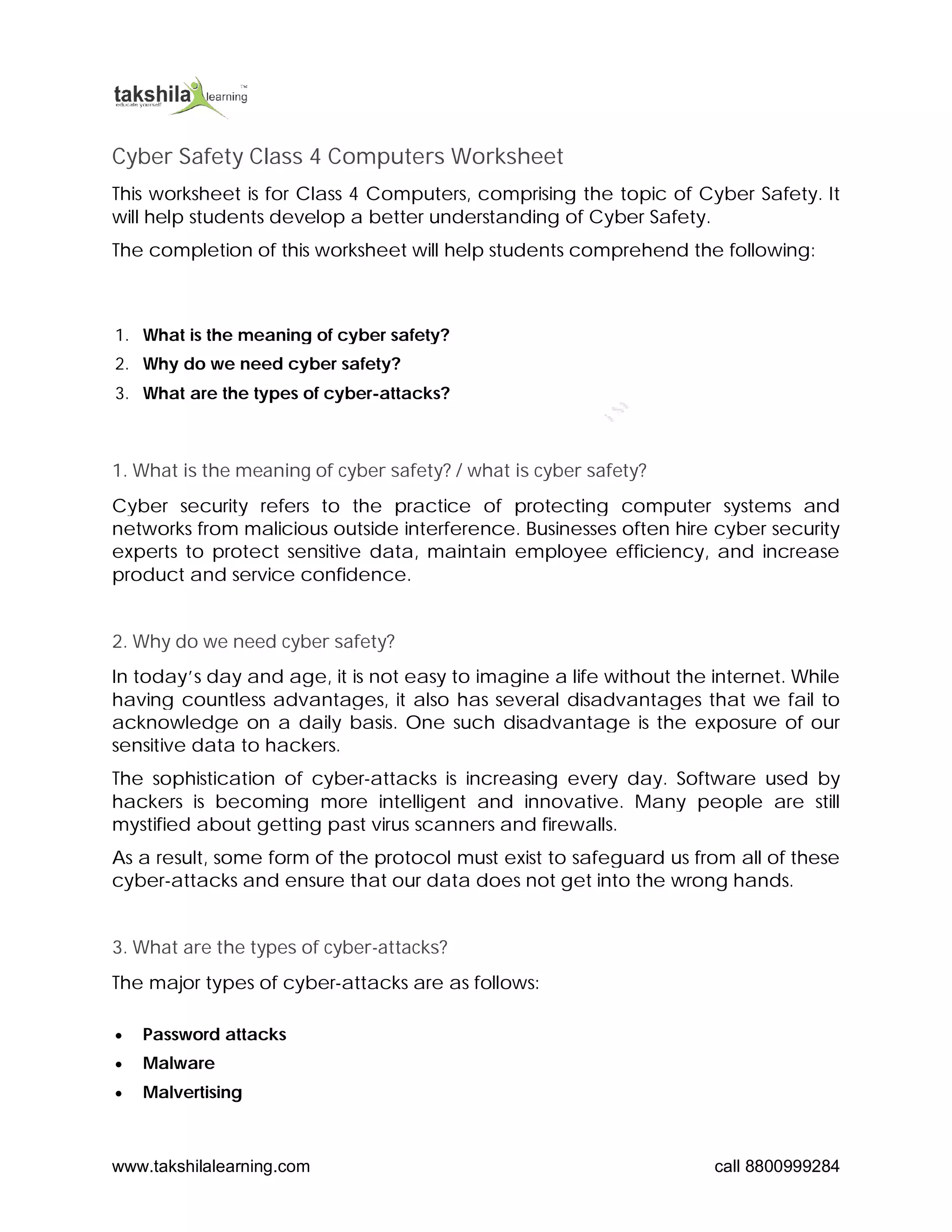 Cyber Safety Class 4 Computers Worksheet.pdf