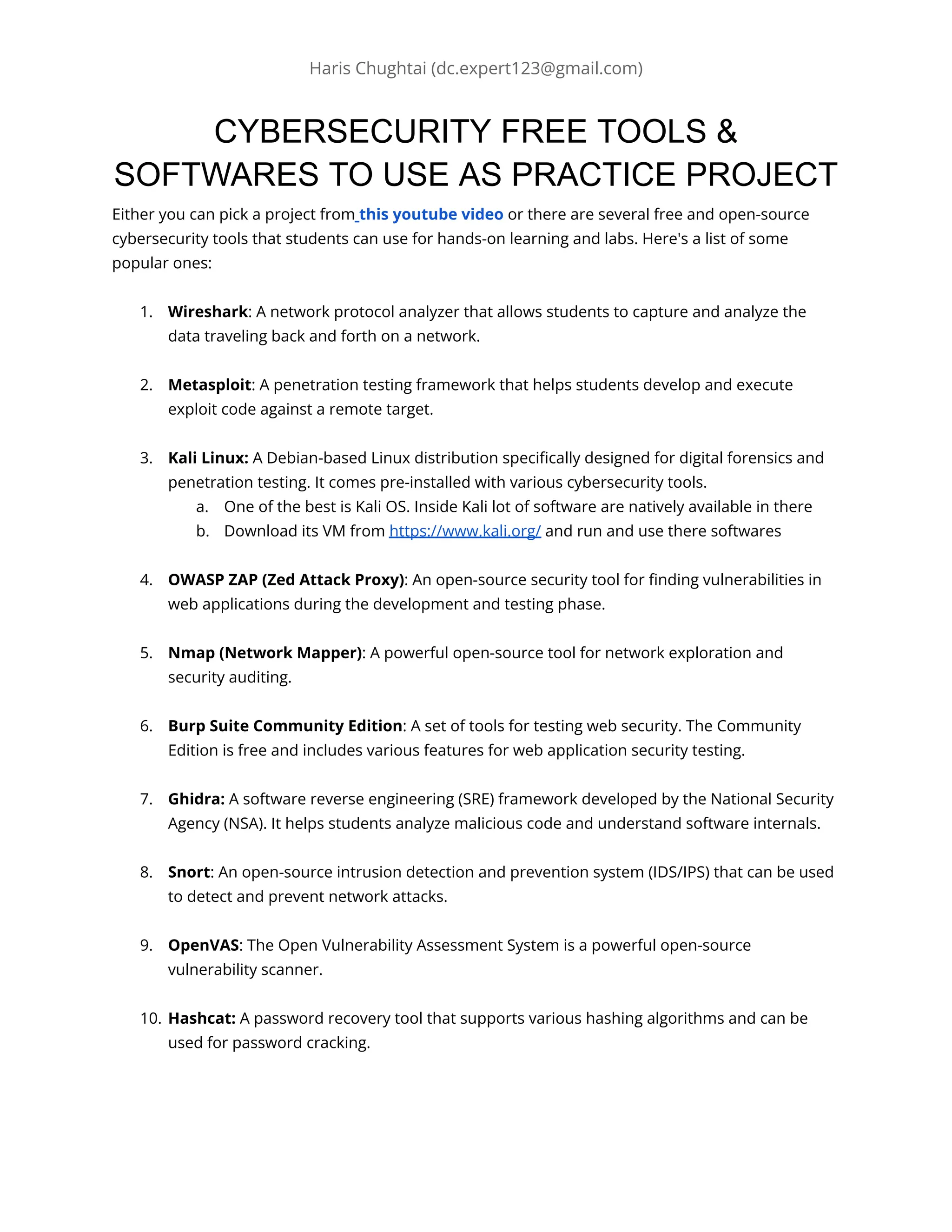 Cybersecurity Free Tools for Practice Project.pdf | Computing | Technology & Computing