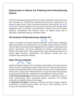 Cybersecurity in Industry 4.0: Protecting Smart Manufacturing Systems | PDF