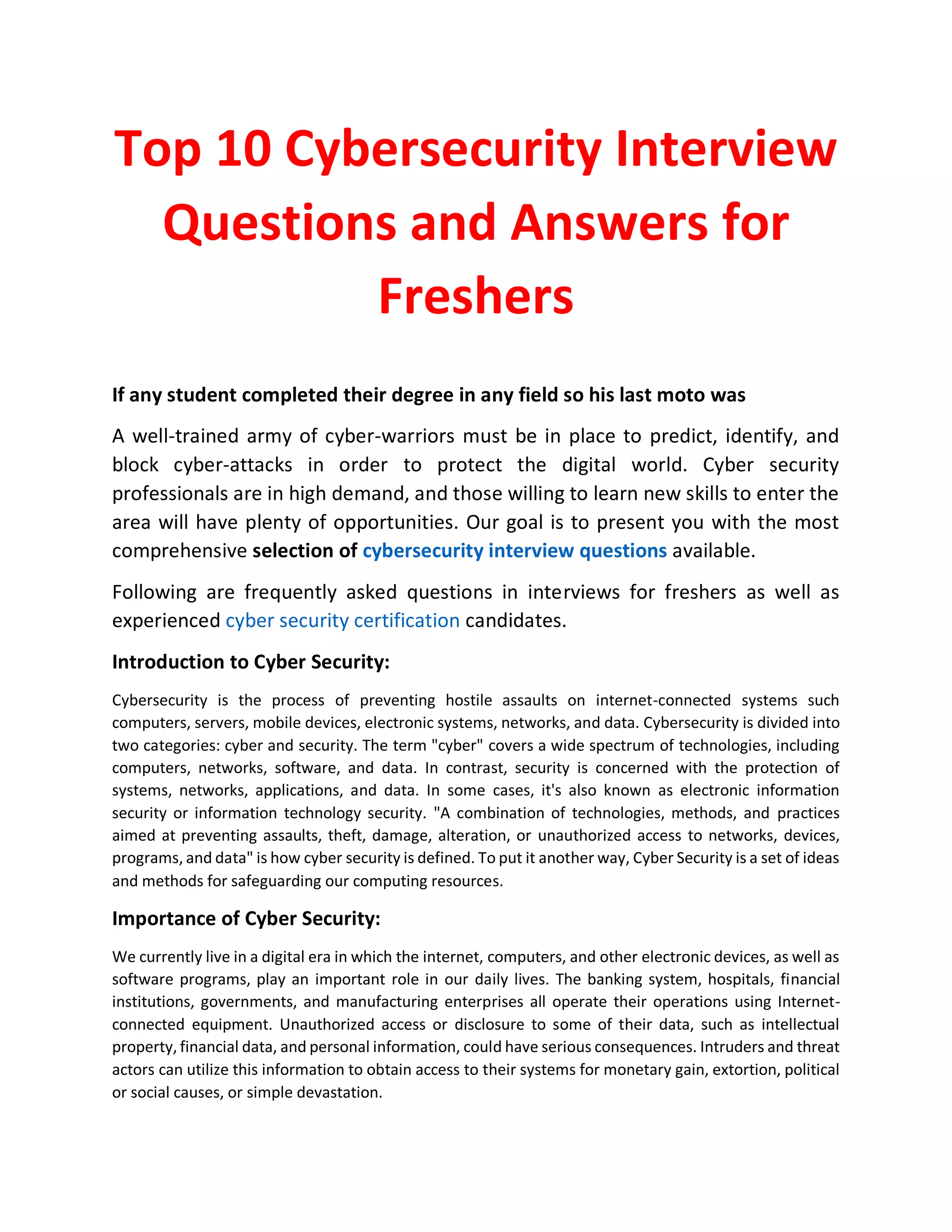 Cybersecurity Interview Questions and Answers.pdf | Web Development | Internet