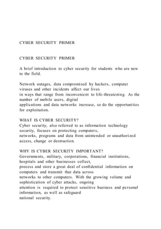 CYBER SECURITY PRIMERCYBER SECURITY PRIMERA brief in | PDF