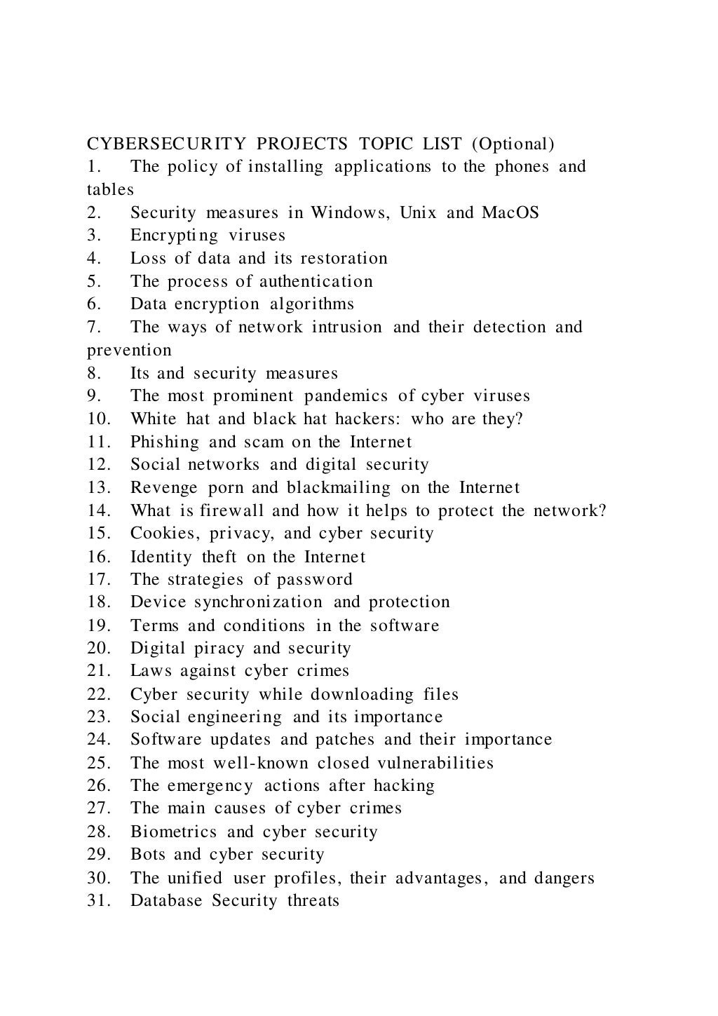 CYBERSECURITY PROJECTS TOPIC LIST (Optional)1.The policy of ins | PDF