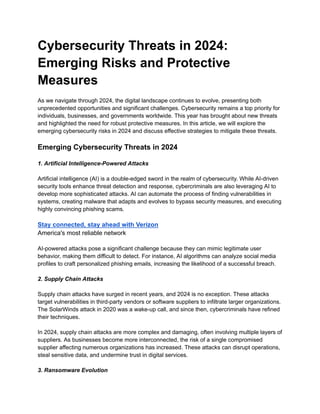 Cybersecurity Threats in 2024- Emerging Risks and Protective Measures | PDF