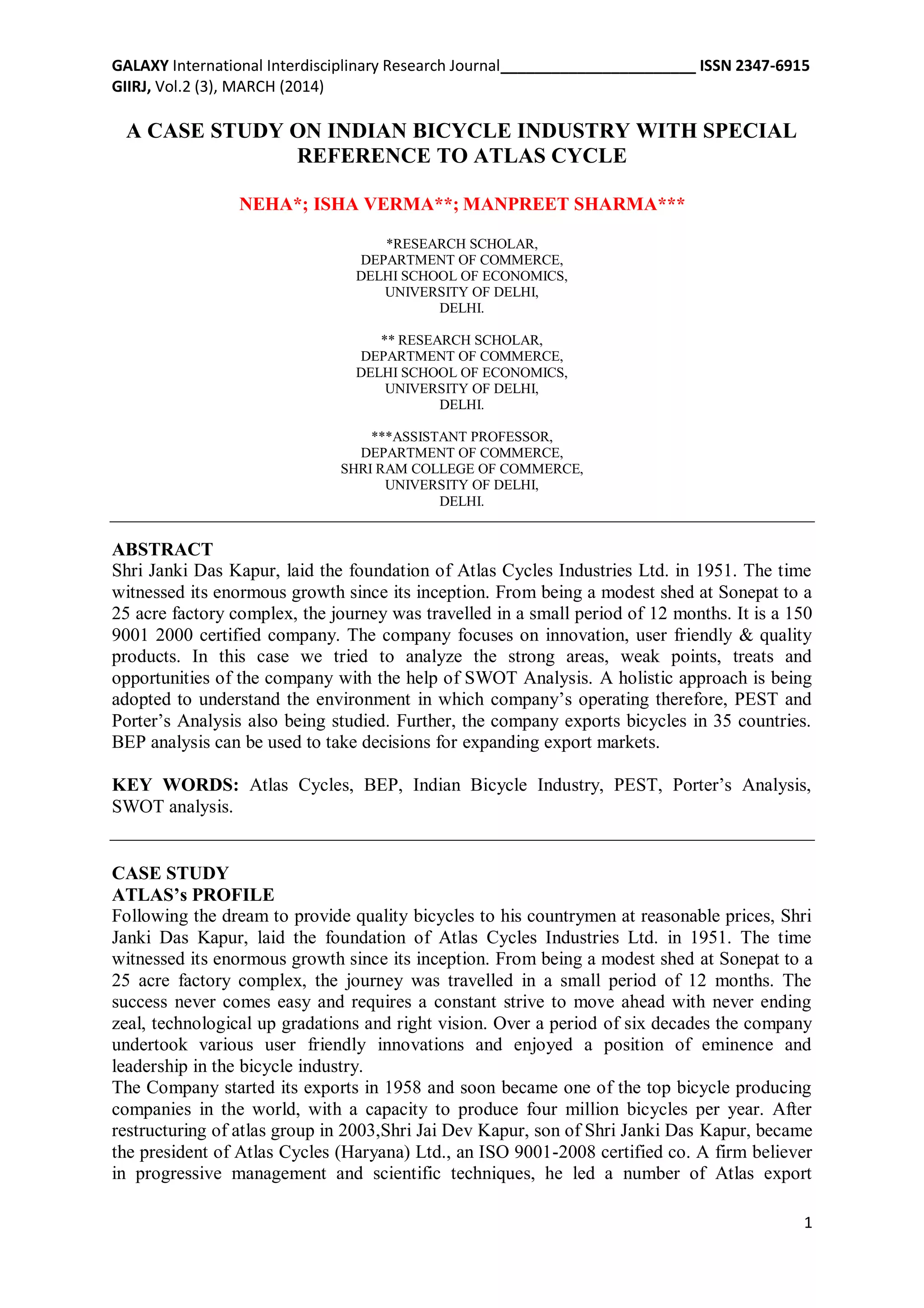 Analysis of the Indian Bicycle Industry and Atlas Cycles Case Study | PDF
