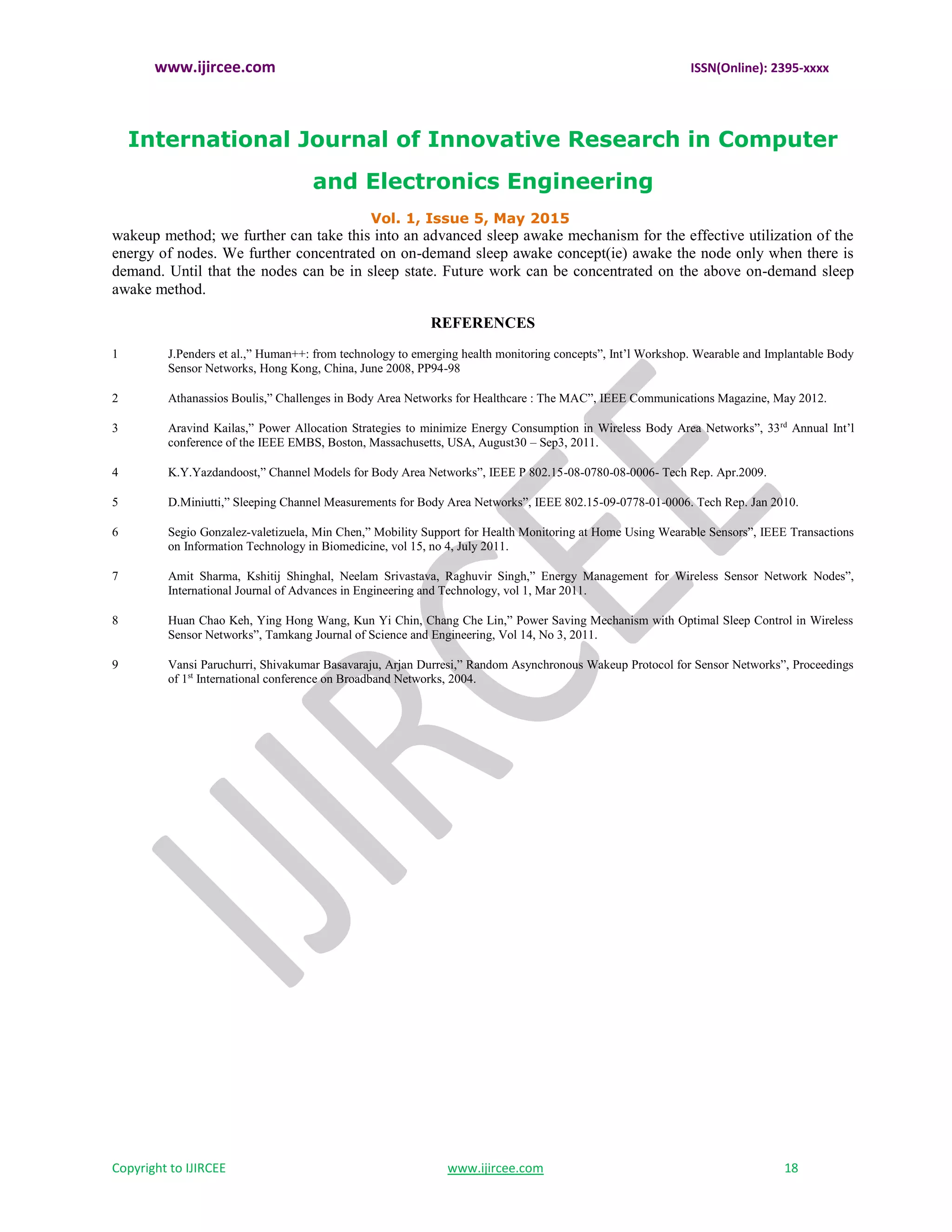Cyclic Sleep Wake Up Scenario for Wireless Body Area Sensor Networks | PDF