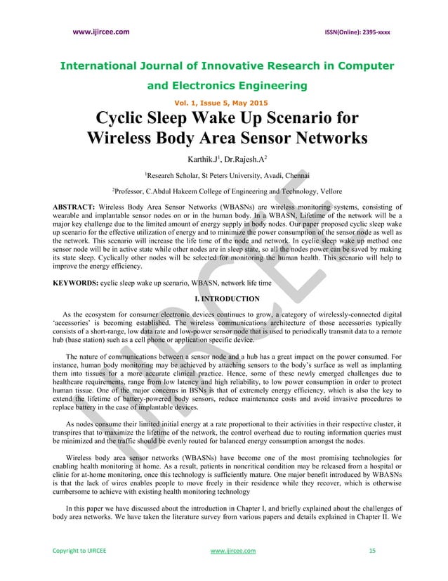 Cyclic Sleep Wake Up Scenario for Wireless Body Area Sensor Networks | PDF