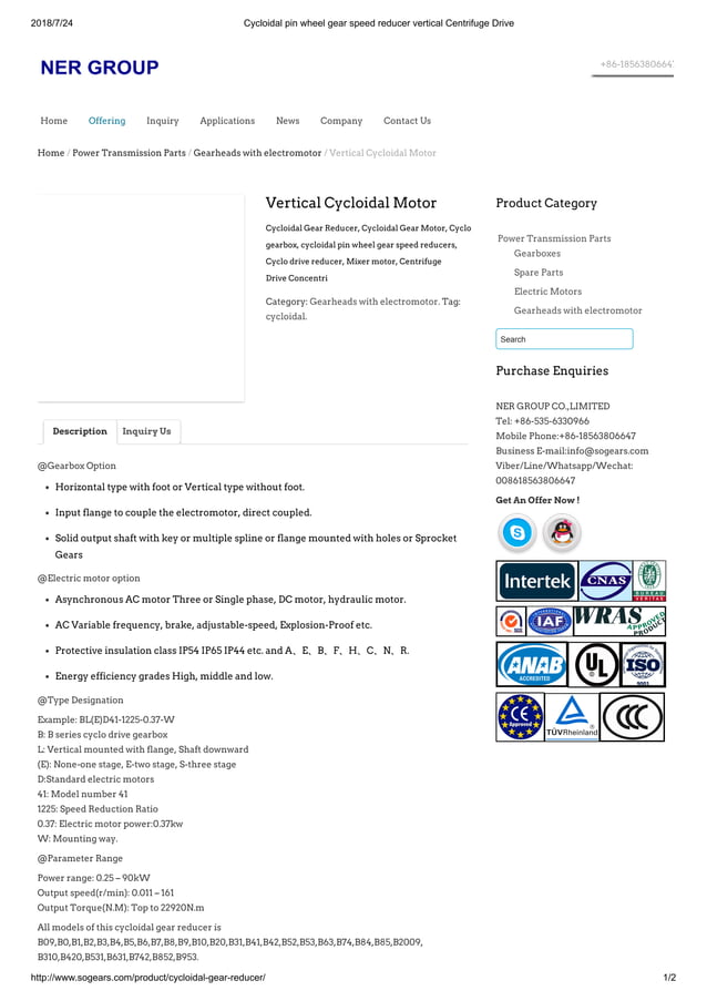Cycloidal pin wheel gear speed reducer vertical centrifuge drive | PDF