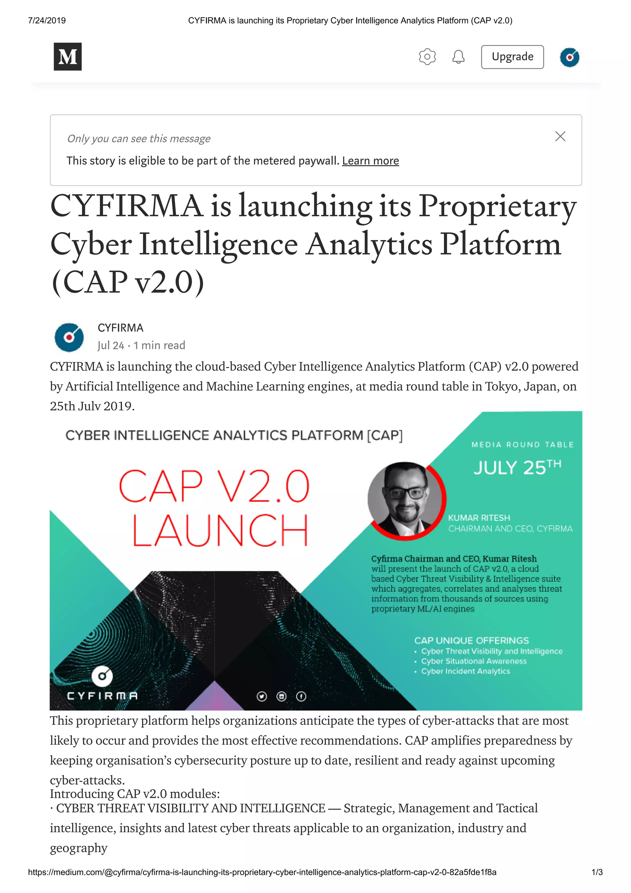 Cyfirma is launching its proprietary cyber intelligence analytics platform cap v2.0 | PDF