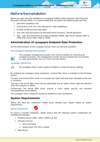 cynapspro endpoint data protection - installation guide | PDF