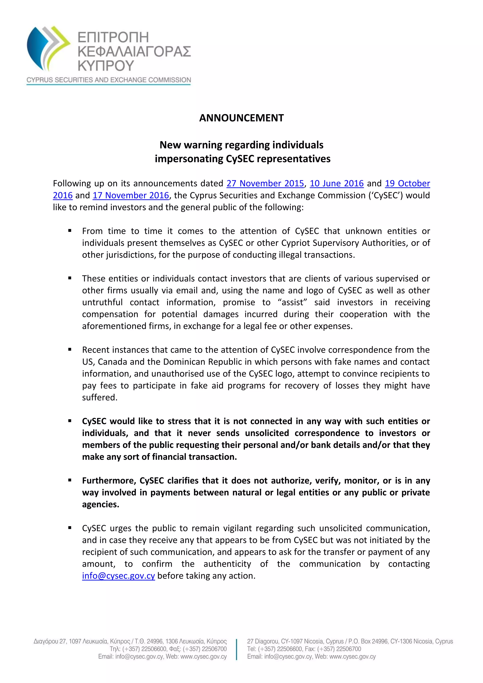 CySEC 2017 impersonation fraud warning | PDF