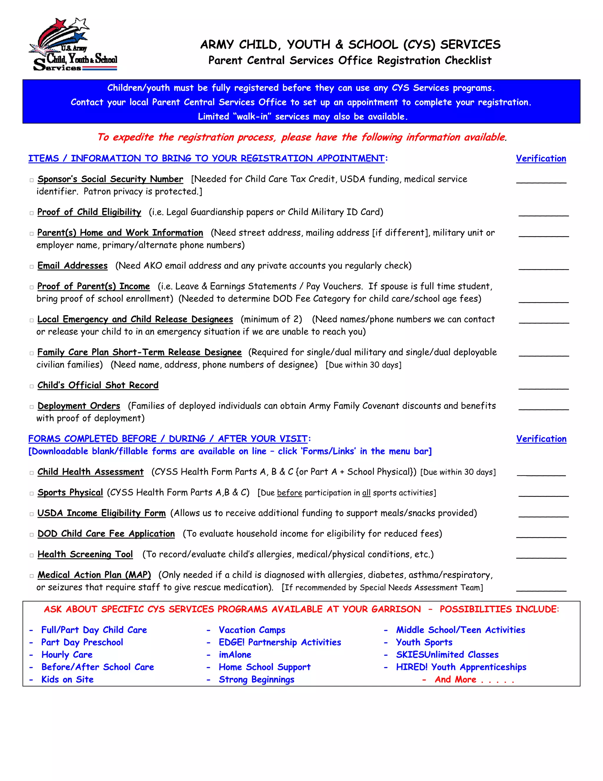 CYSS Registration Checklist | PDF