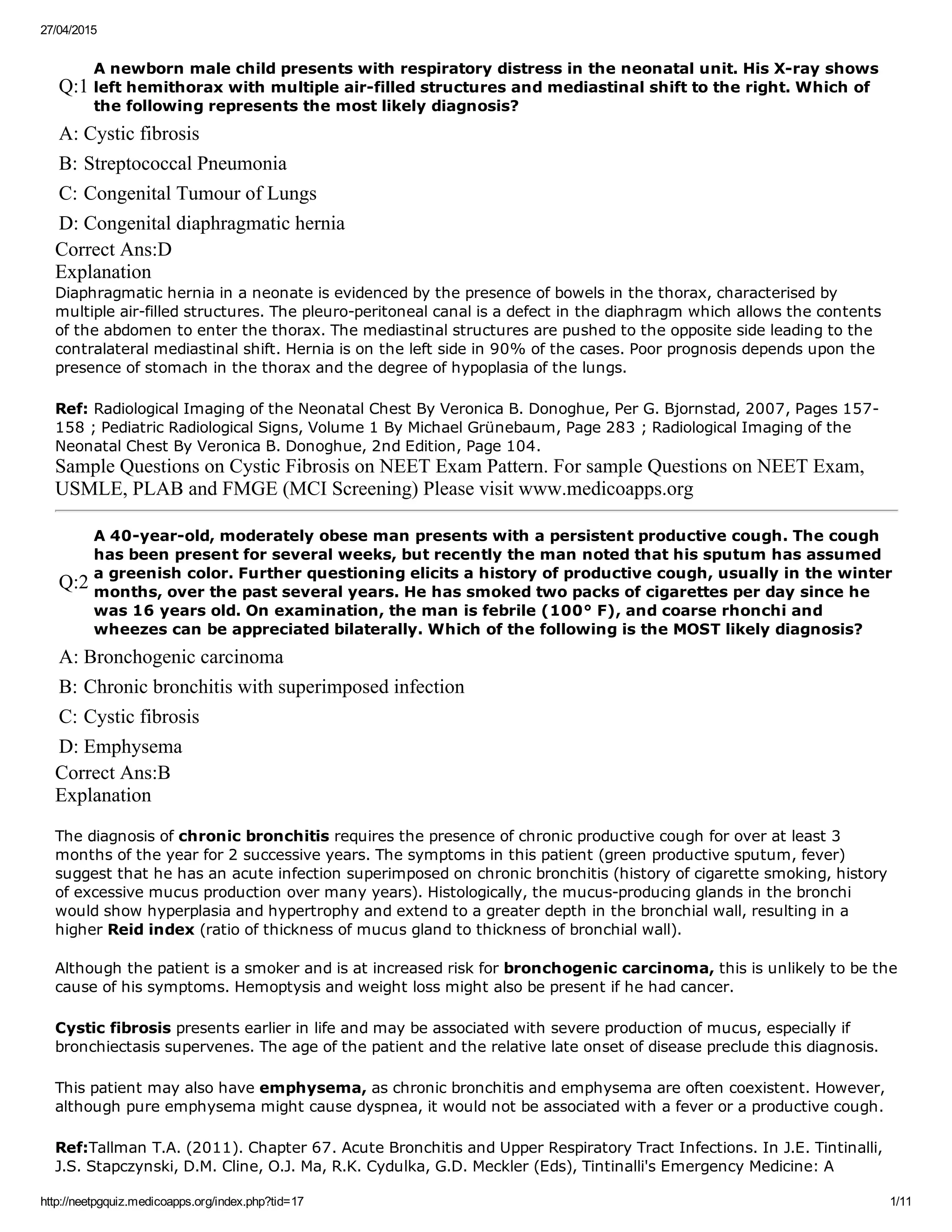 Cystic fibrosis sample questions based on neet pg , usmle, plab and ...